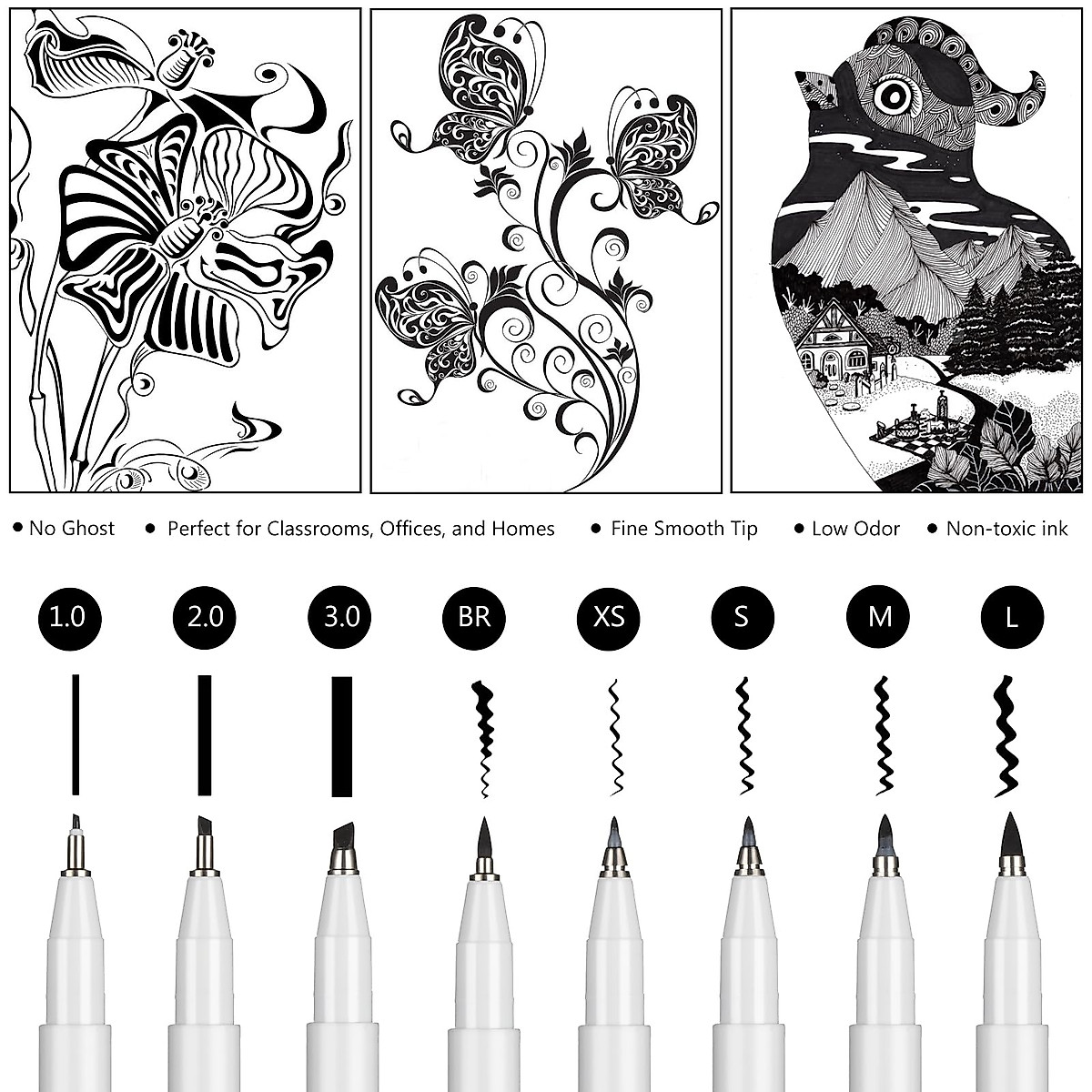 SFAIH Calligraphy Pens Markers Set - 8 Size Black Calligraphy Pens for Writing With Chisel Tip And Brush Tip, Calligraphy Pen Set for Beginners Adults