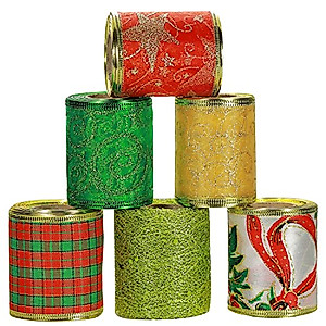 Christmas Ribbon Wired Wrapping Ribbon, 6 Rolls 36 Yards Red Green Gold Christmas Tree Ribbons Garland for Xmas Holiday Decorative Gift Wrapping Tree Wreaths Bows Decorations