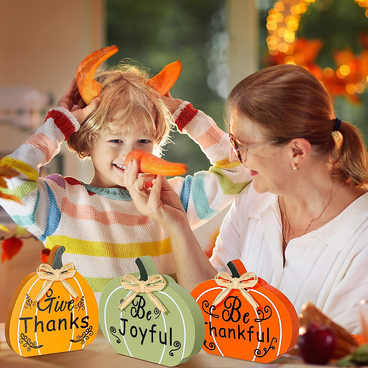 3 Pcs Fall Wooden Pumpkin Sign Fall Thankful Joyful Thanks Pumpkin Tiered Tray Decor Fall Table Signs Harvest Thanksgiving Wood Block Sign for Home Party Halloween Decorations (Orange, Green, Yellow)