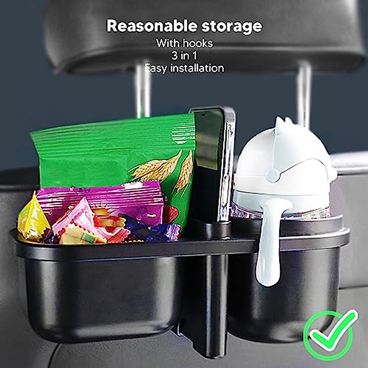 Car Back Seat Cup Organizer Cell Phone Drink Holder Headrest Backseat Holder Tray Black