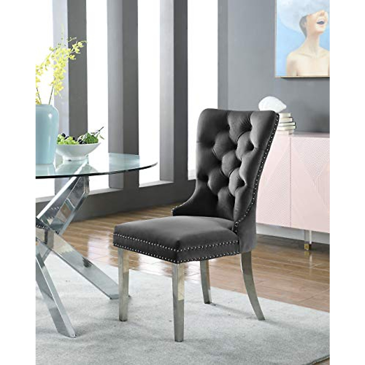 Meridian Furniture Carmen Collection Modern | Contemporary Velvet Upholstered Dining Chair with Button Tufting and Chrome Metal Legs, Set of 2, Grey, 21.5" W x 27" D x 39.5" H