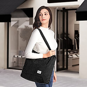 Women Corduroy Tote Bag with Zipper Large Capacity Shoulder Bags Casual Handbags Big Shopping Bags for Daily Use Work School-Black