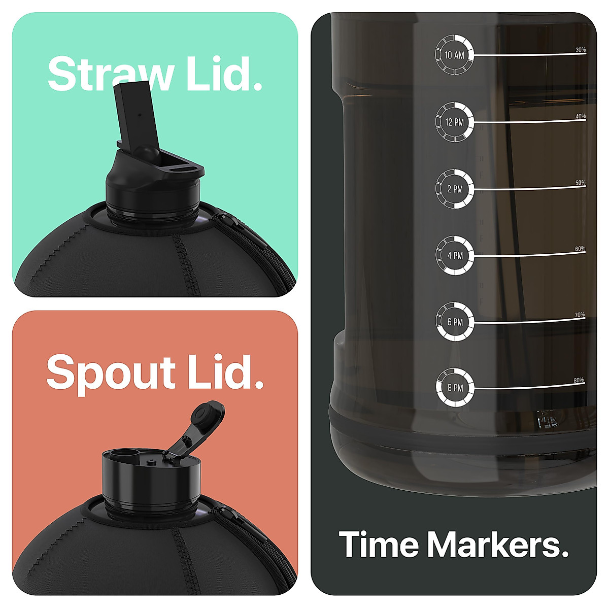 Hydro Gallon® - 1 Gallon Water Bottle Jug with Insulated Sleeve and Straw Lid, Handle, Time Marker, Pocket, Shoulder Strap. Daily Intake Leakproof BPA free Large Big Bottle Men. 128oz (Black)