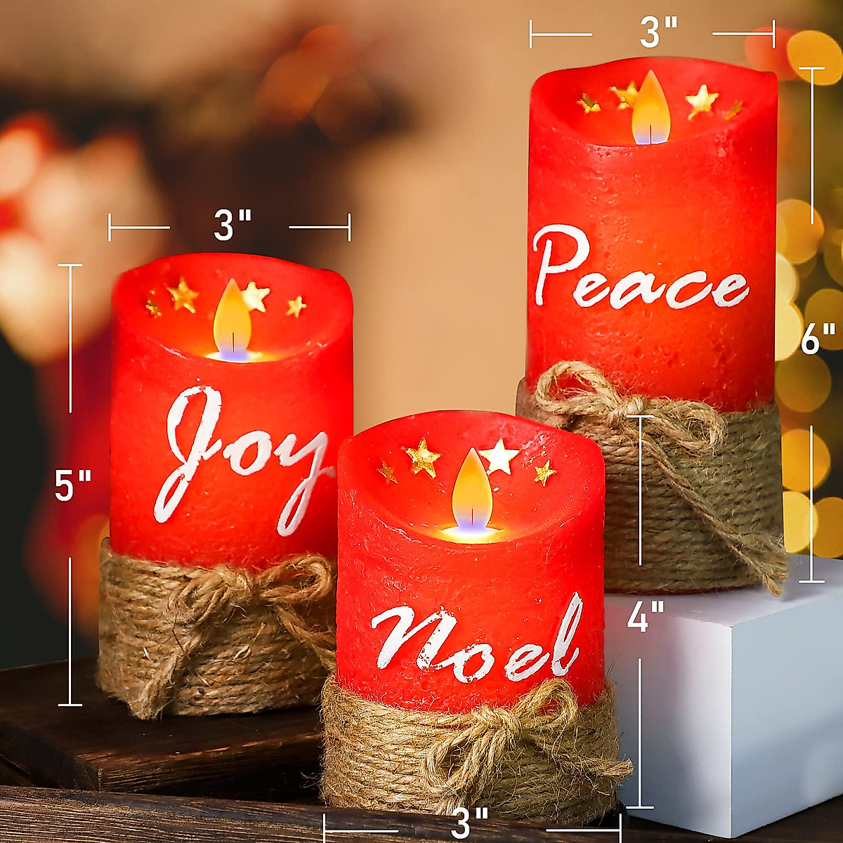 FLAVCHARM Holiday Flameless Candles, Peace Joy Noel with Rope Red LED Flickering Candles Battery Operated with Remote Control, Christmas Decoration for Home, Tablecenter, Bedroom, Bar Party