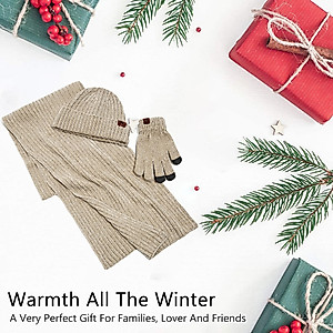 Womens Winter Knit Warm Hat Beanie+Long Scarf+Touch Screen Gloves Set Skull Caps Neck Scarves for Women Men