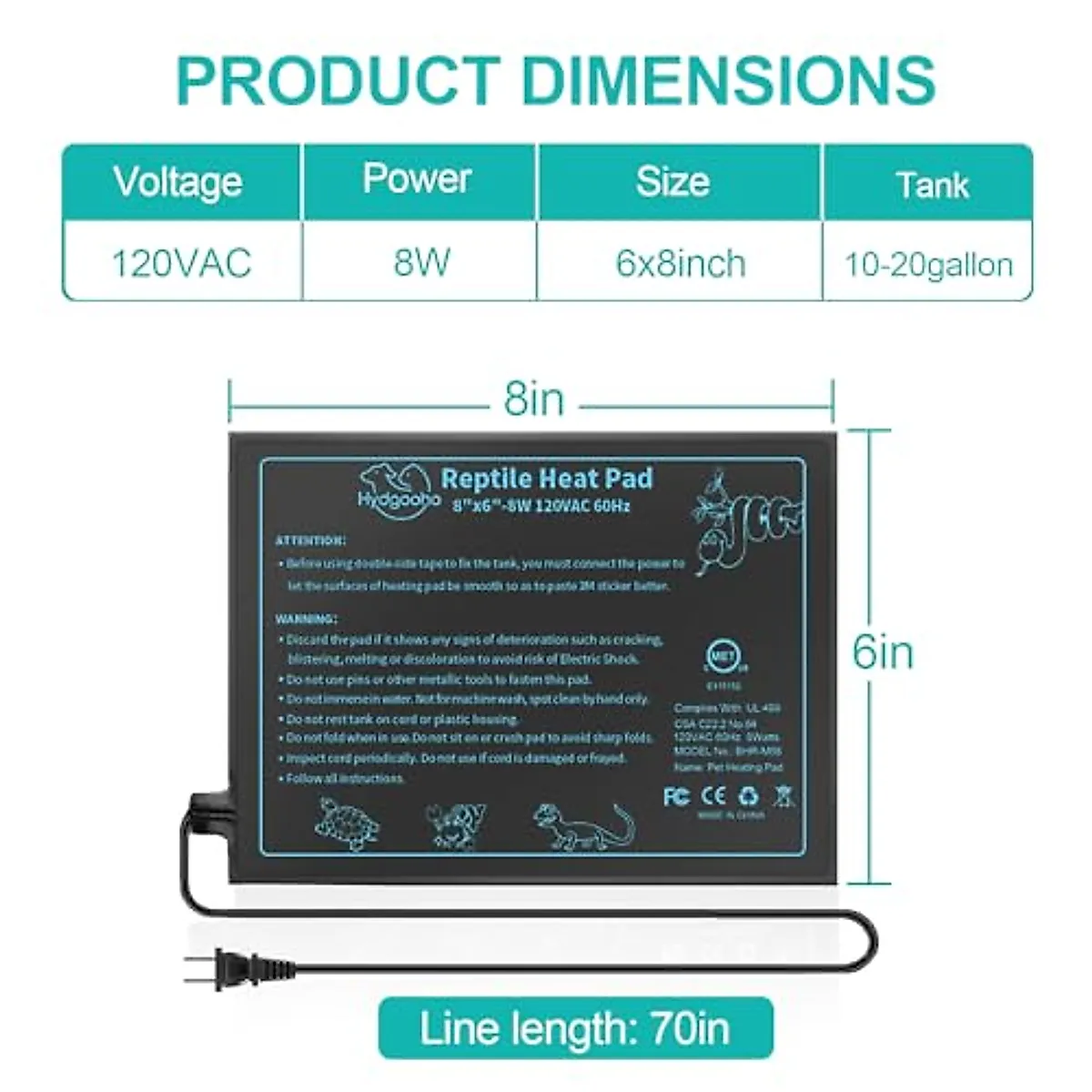 GOLOPET Reptile Heating Pad- 6X8 Inch 8W Heating Pad for Reptile Tank(10-20gal),Warmer Reptile Heat Mat for Hermit Crab, Turtles, Lizards, Frogs, and Other Reptiles