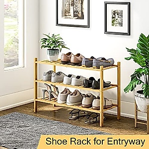 Furshus 3-Tier Bamboo Shoe Rack for Entryway, Stackable | Heavy Duty | Multi-Function, Free Standing Shoe Racks for Bedroom Hallway Closet