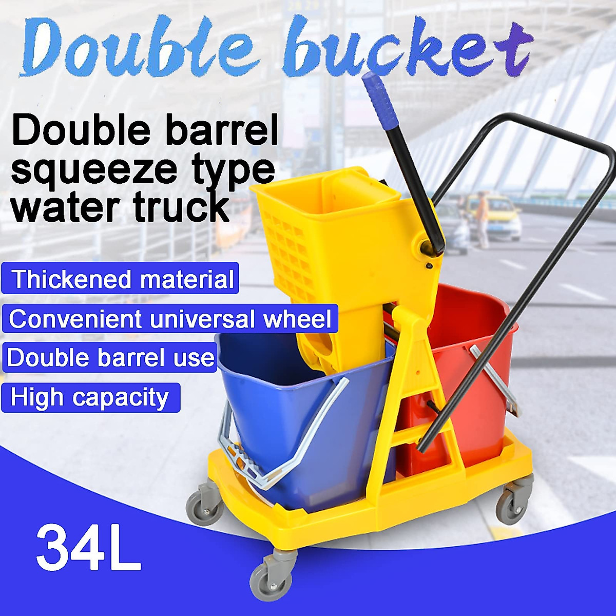Mop Bucket, Double Bucket Cleaning Bucket, Commercial mop Bucket and Side Pressure Wring Combination with Wheels for Free Movement, 34L Large Capacity Cleaning Cart, for Home and Commercial (Yellow)