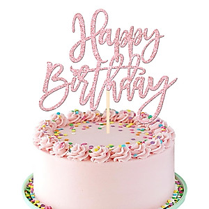 1 PCS Happy Birthday Cake Topper Glitter Happy Birthday Cake Pick for Celebrating Happy Birthday Anniversary Theme Party Cake Decorations Supplies Light Pink