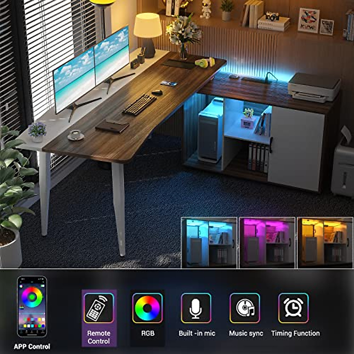 Unikito L Shaped Desk with File Cabinet and Power Outlet, 55 Inch Large Corner Computer Desks with LED Light Strip, L-Shaped Computer Desk with Door and Storage Shelves for Home Office, Walnut & White