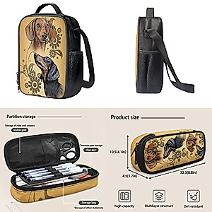 Salabomia Dachshund School Bookbag Set 3 for Boys Girls, Boho Durable Lightweight Kids Book Bag with Thermal Insulated Lunch Box Bag Cute Kawaii Pencil Case, Large Kids Backpack for Elementary