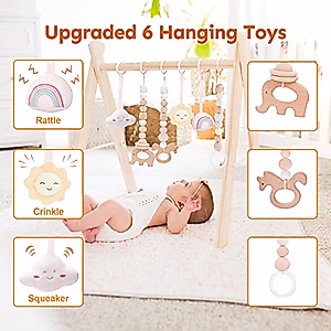 Wooden Baby Gym with 6 Wooden Baby Toys Foldable Baby Play Gym Frame Activity Gym Hanging Bar Newborn Gift Baby Girl and Boy Gym