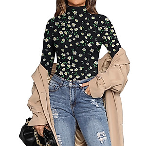 MANGOPOP Women's Mock Turtle Neck Long Sleeve Tops Bodysuit Jumpsuit (Long Sleeve 1#Little Daisy, Medium)