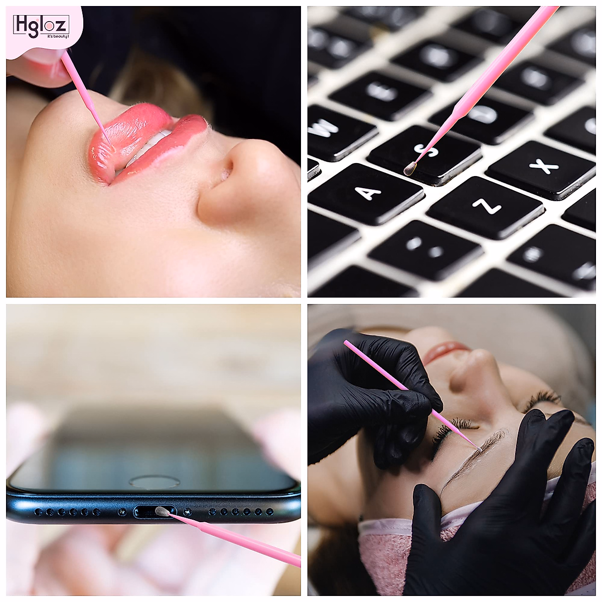 HGLOZ Microswabs for Eyelash Extensions Pack of 500 in Pink – 2mm Soft Micro Applicator Brush with Microfiber Wands – Suitable for Cleaning and Applying Make-up