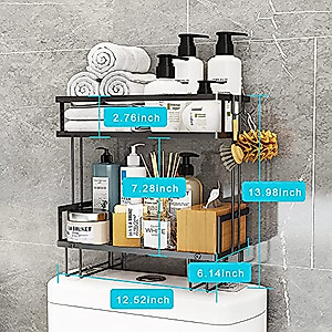 Aouton Bathroom Over The Toilet Storage Shelf, 2 Tier Bathroom Organizer Shelf Over Toilet Waterproof Dustproof, Toilet Space Saver Shelf with Hooks & Adhesive Base, Black