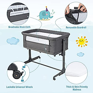 BABY JOY 3-in-1 Bassinet Bedside Sleeper, Playpen & Baby Crib w/Mattress, 5 Adjustable Heights, Lockable Wheels & Travel Bag for Safe Cosleeping, Portable Baby Bassinet for Infants Newborn (Black)