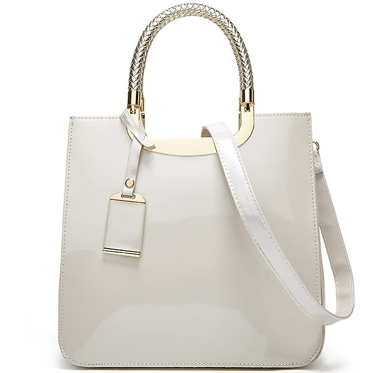 ZiMing Top Handle Handbags for Women Shiny Patent Leather Purses Square Satchel Stylish Zipper Evening Bags Shoulder Crossbody Bag-White