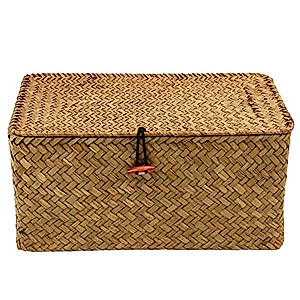 Casaphoria Large Square Sea Grass Baskets for Storage Seaweed Woven Sundries Baskets Sturdy and Durable Natural Material for Make-up with Lid Big Rectangular Seagrass Towel Baskets for Organizing