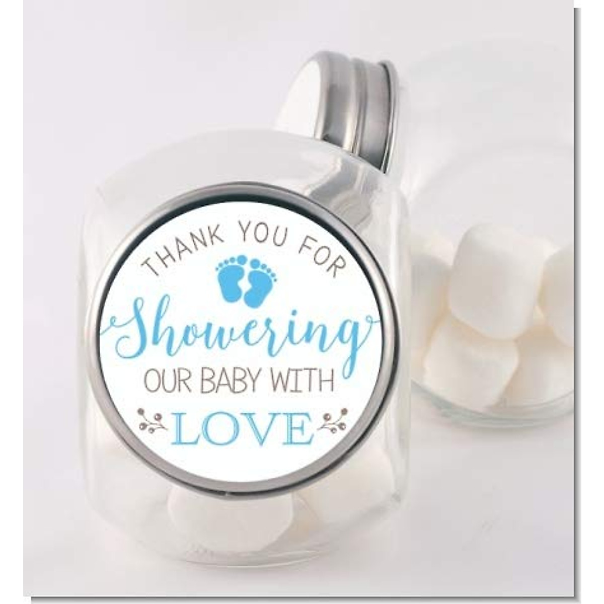 Baby Shower Stickers | Blue | Thank You for Showering Our Baby with Love | 48 Stickers - 1.67 Inches Round | Baby Shower Stickers for Boys | Pitter Patter - Tiny Baby Feet Baby Shower Labels