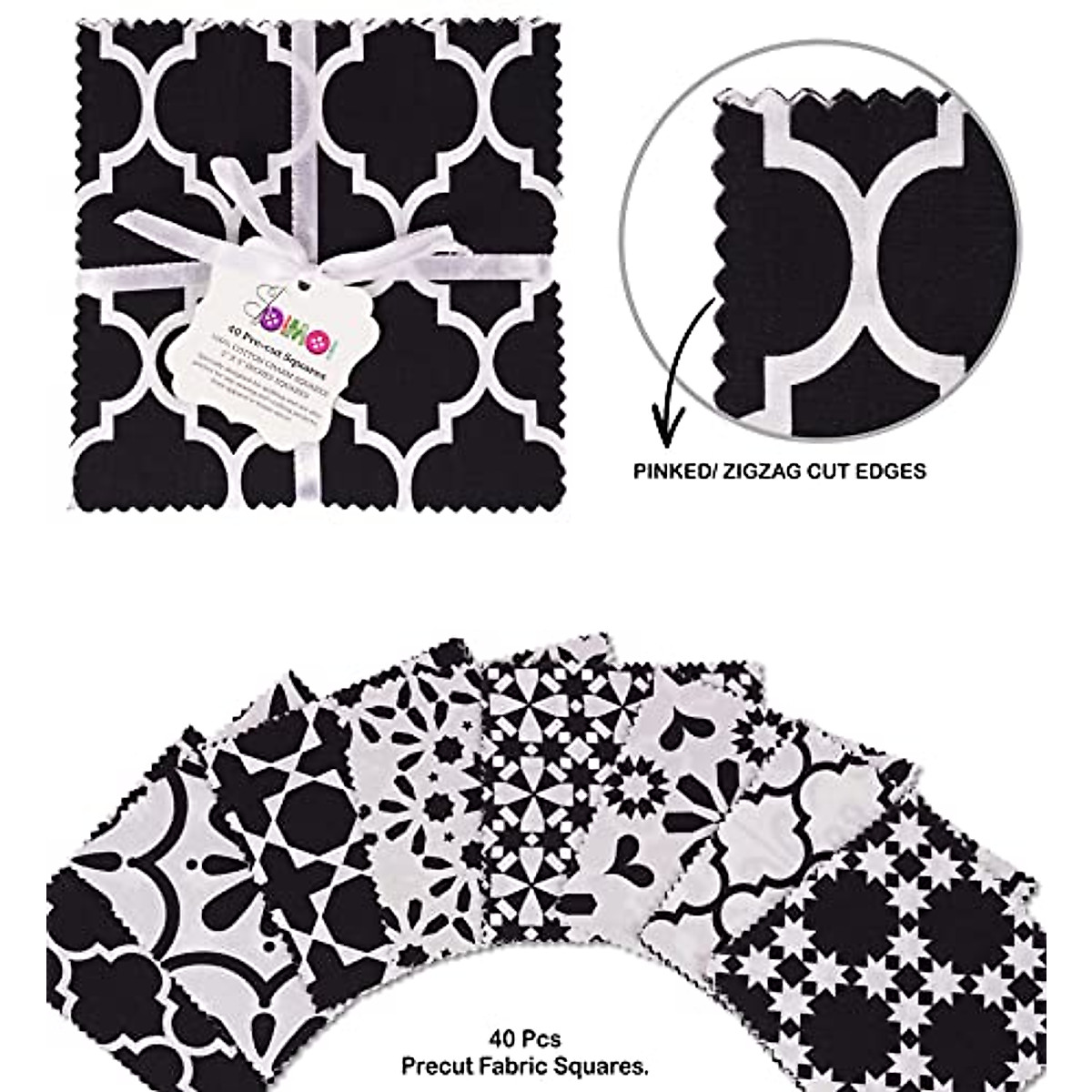 Soimoi Geometrical Stencils Print Precut 5-inch Cotton Fabric Quilting Squares Charm Pack DIY Patchwork Sewing Craft- White & Black