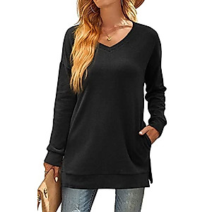 Aloodor Black Sweatshirt for Women Long Sleeve V-Neck Pullover Shirts Casual Fall/Winter Tops L