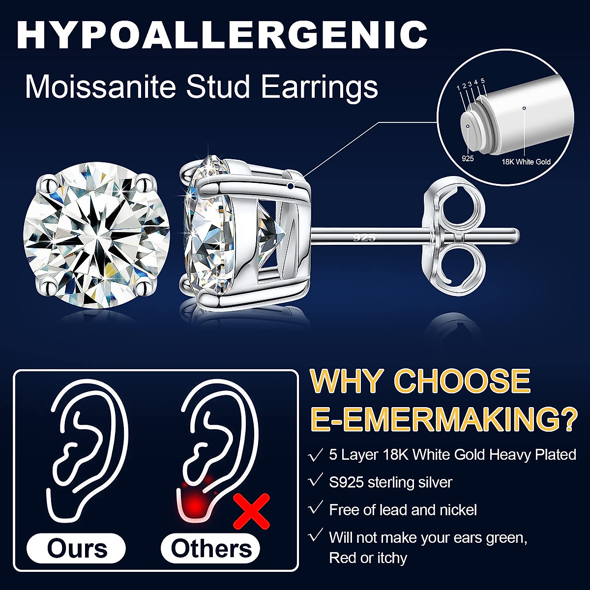 Moissanite Stud Earrings, 0.2CT-8.0CT a Pair Hypoallergenic Earrings D Color VVS1 Clarity Brilliant Round Cut Lab Created Moissanite Diamond Earrings 18K White Yellow Gold Plated S925 Sterling Silver