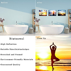 Biuteawal - 3 Pieces Seascape Painting Girl Do Yoga on the Beach Picture Print on Canvas Peaceful Wall Art for Yoga Room Home Bedroom Bathroom Wall Decoration Stretched and Framed