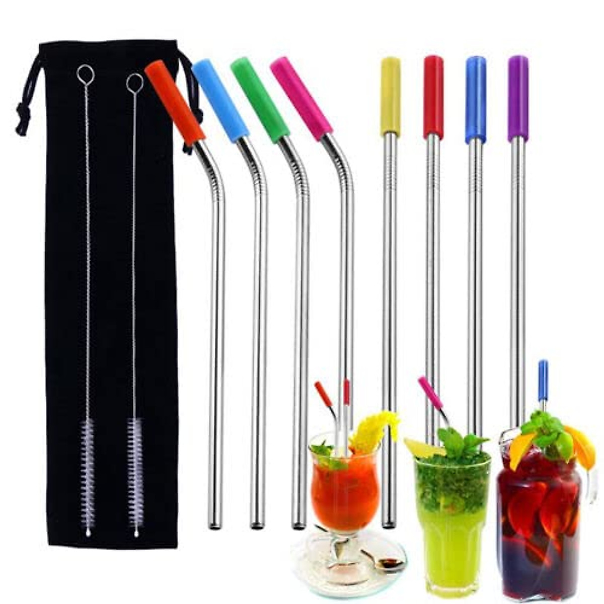 Set of 8pc Reusable Stainless Steel Straws with Travel Case Cleaning Brush Silicone Tips Eco Friendly 8.5" Metal Straws Drinking for 20 24 30 oz Tumbler