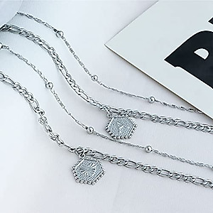 C Silver Initial Anklet for Women Layered Beaded Hexagon Letter Ankle Silver Cuban Link Anklet Bracelet for Women Men Dainty Letter Name Ankle((Silver C)