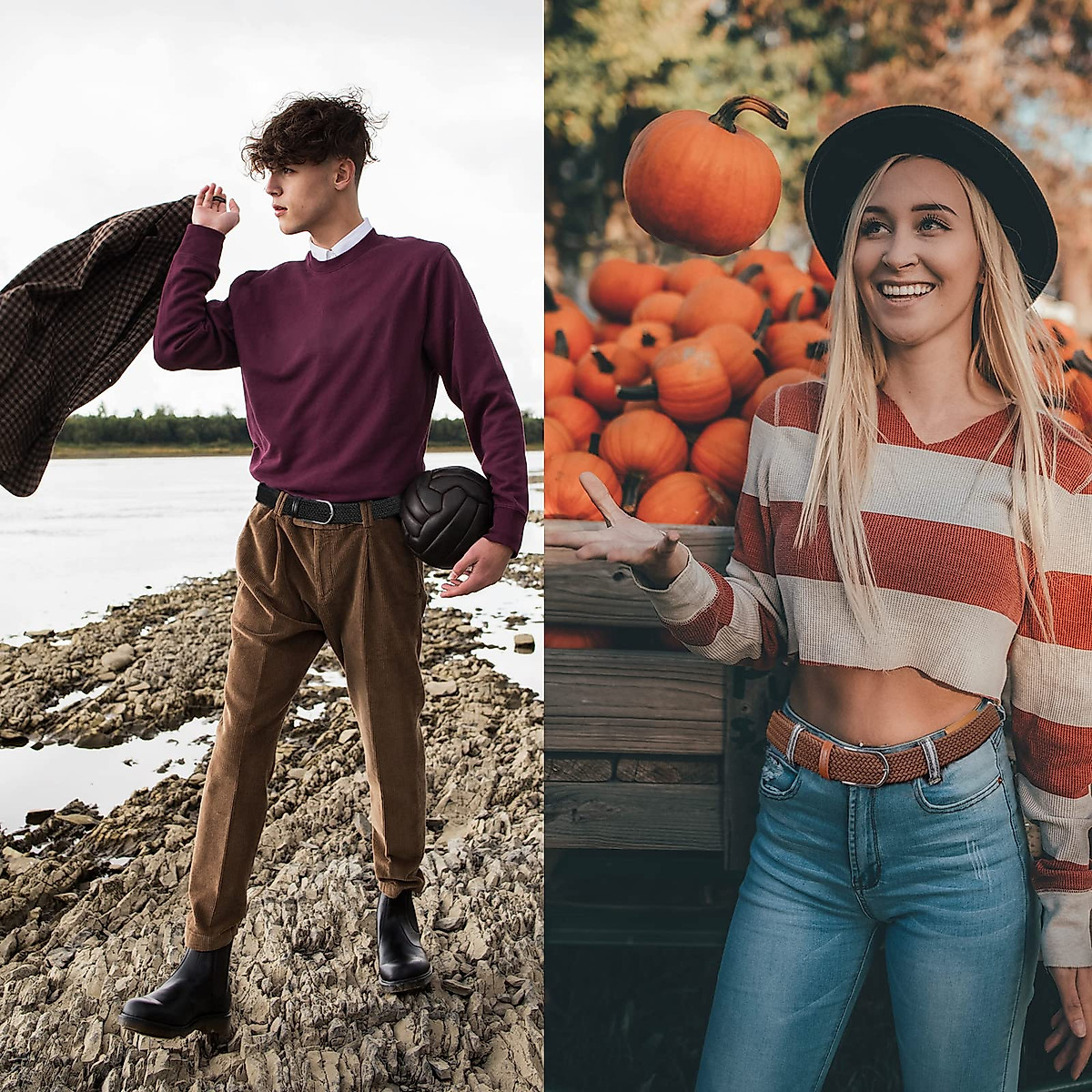 AWAYTR Elastic Braided Belt for Women - 2pcs Unisex Stretch Woven Fabric Belt for Jeans