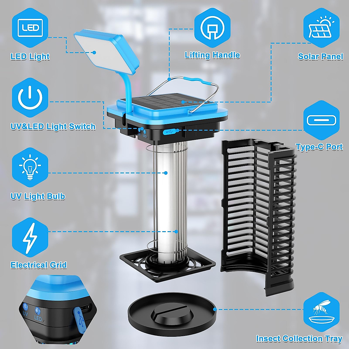 Home4me Solar Bug Zapper with LED Light for Outdoor, 4000mAh Battery Powered Mosquito Zapper, Mosquito Traps, Cordless Mosquito Killer, Electric Moth Zapper for Patio Backyard, Rechargeable, Blue