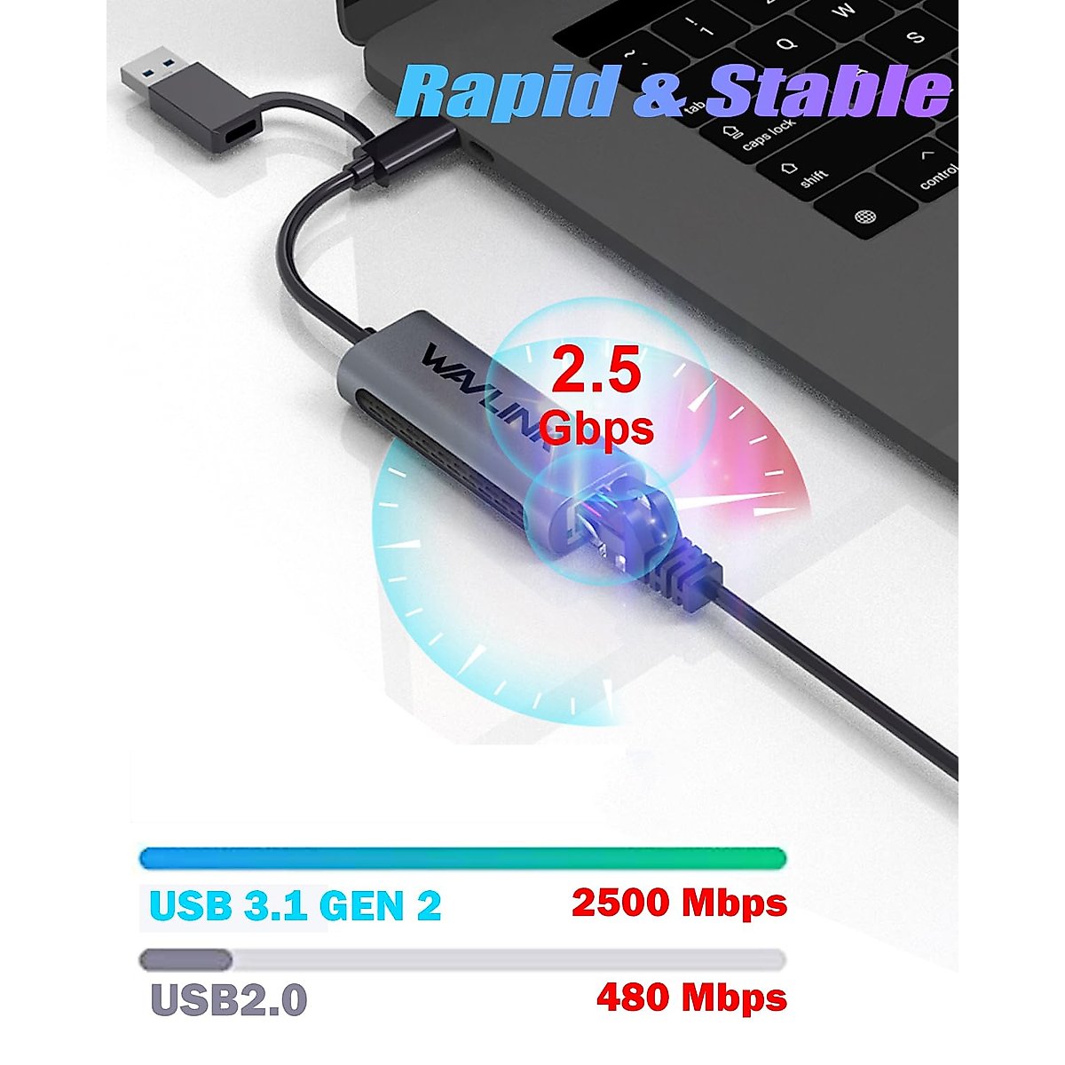 Wavlink USB C to Ethernet Adapter 2.5 Gbps, 2-in-1 USB to 2.5G Ethernet Adapter, USB-C to RJ45 Network Converter (Thunderbolt 4/3 Compatible), Aluminum Case for Windows, Mac OS, iPad OS and More.