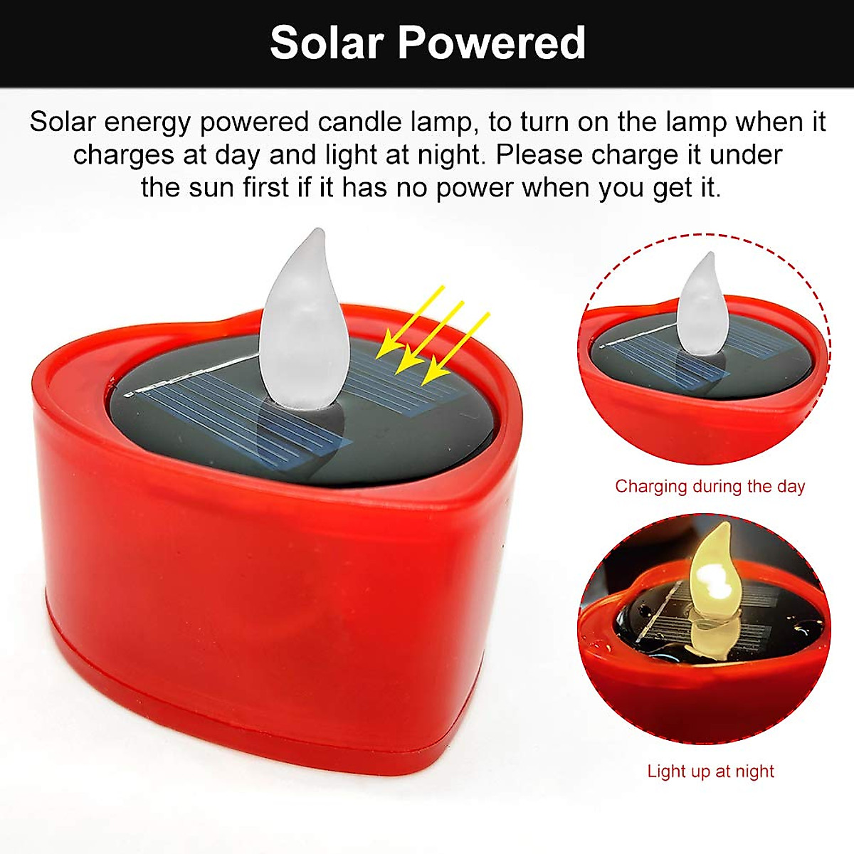 Solar Tea Lights Candles, 6pcs Heart Shaped LED Flameless Candles Rechargeable Electric Fake Candles for Valentine's Day Wedding Christmas Thanksgiving Home Party Decoration (Red Shell Yellow Flash)