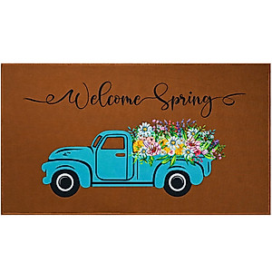 Spring Floral Decorative Welcome Door Mat Colorful Flowers Truck Indoor Outdoor Non-Slip Summer Doormat Home Entryway Farmhouse Decor Front Door Mat for Outside Porch Entrance, 30" x 17", Brown Rug
