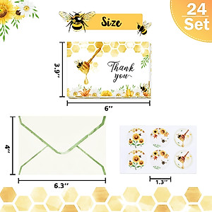 WERNNSAI Bee Thank You Card - 24 Sets Sunflower Thank You Cards with Envelopes for Kids Bumble Bee Blank Note Greeting Cards for Birthday Party 4" x 6"