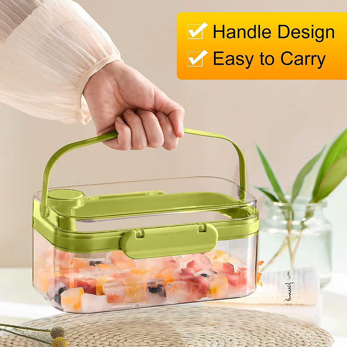 Kamsyluci Ice Cube Tray With Lid And Bin, Ice Cube Trays For Freezer, 64pcs Ice Lattice Molds Ice Container Maker For Freezer Box With Easy Release, Ez Ice Tray And Ice Scoop (Green)