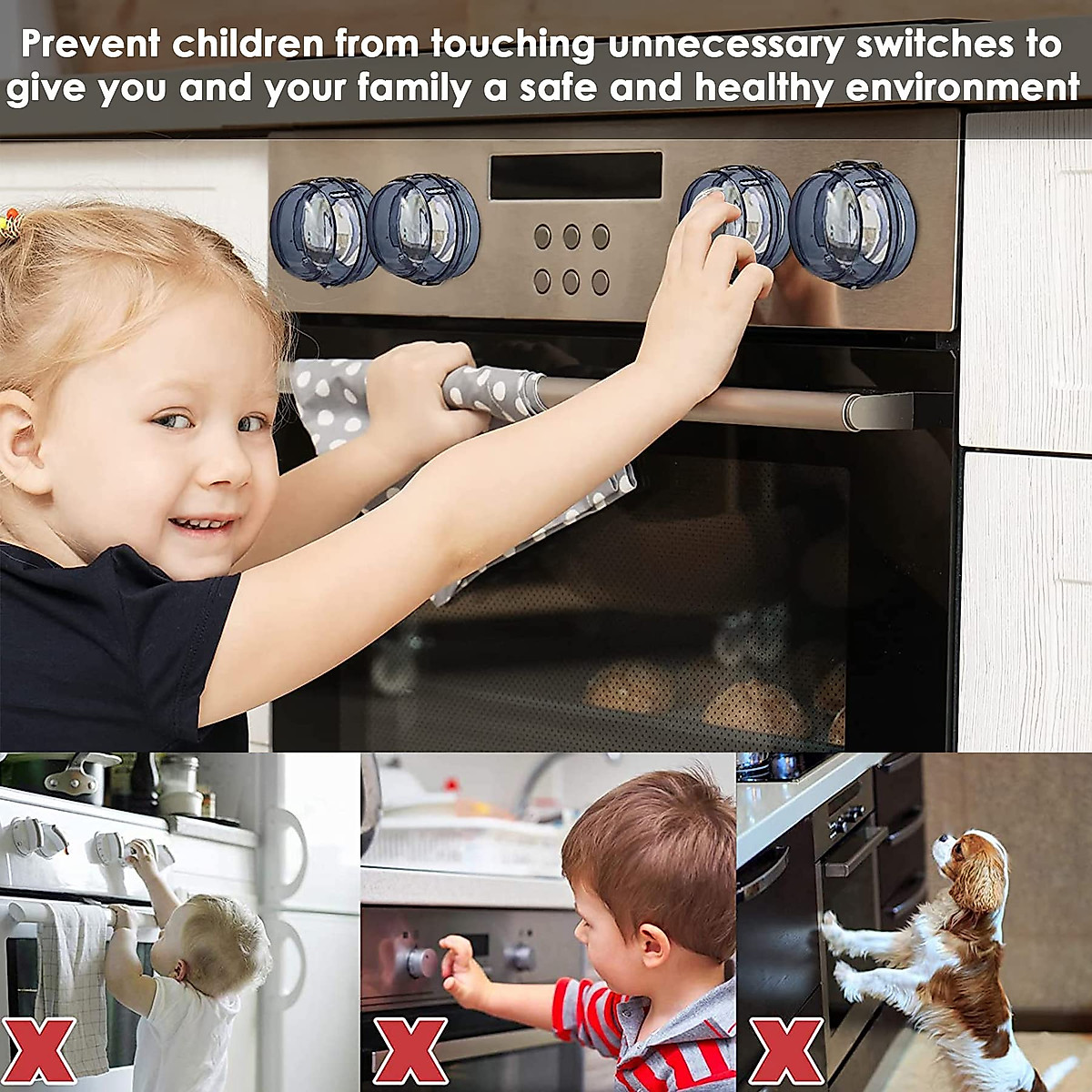 Zariocy 5 Pack Safety Stove Knob Covers, Black Clear Upgraded Unlock Safety Guards for Kitchen Gas and Oven, Stove Guard with Extra Adhesives, Large Universal Design to Protect Kitchen Security