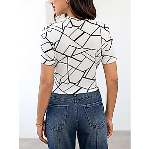 SweatyRocks Women's Casual Twist Front Short Sleeve Crop Top T-Shirt Geometry White Large