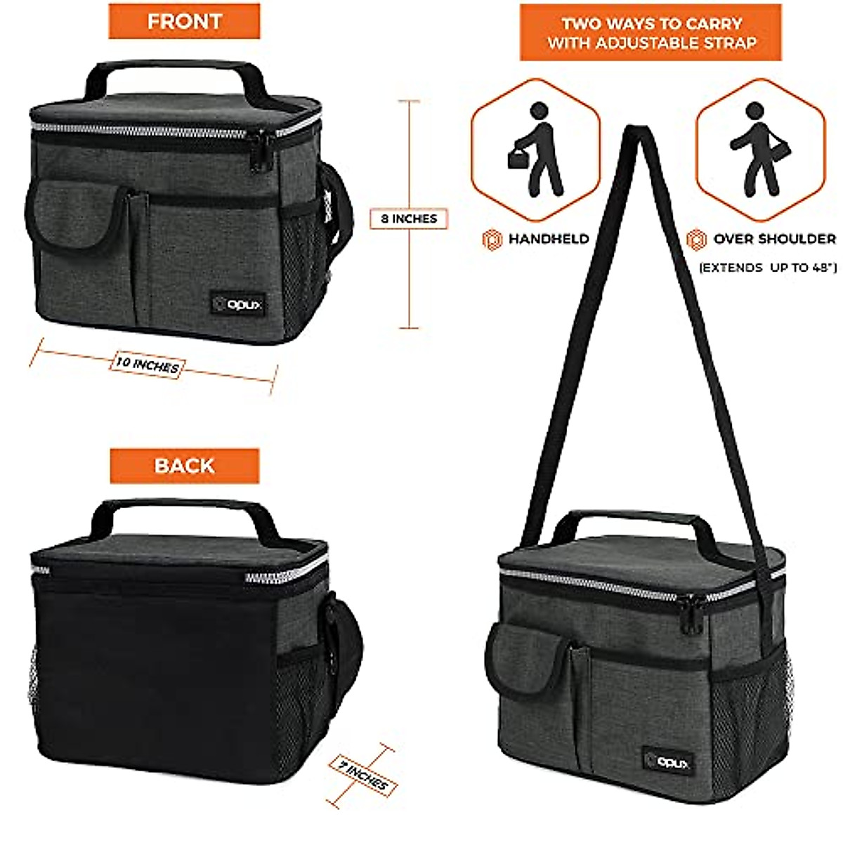 OPUX Insulated Lunch Bag for Men Women, Leakproof Thermal Lunch Box Work School, Soft Lunch Cooler Bag with Adjustable Shoulder Strap for Adult Kid Boy Girl, Reusable Lunch Pail, Dark Gray