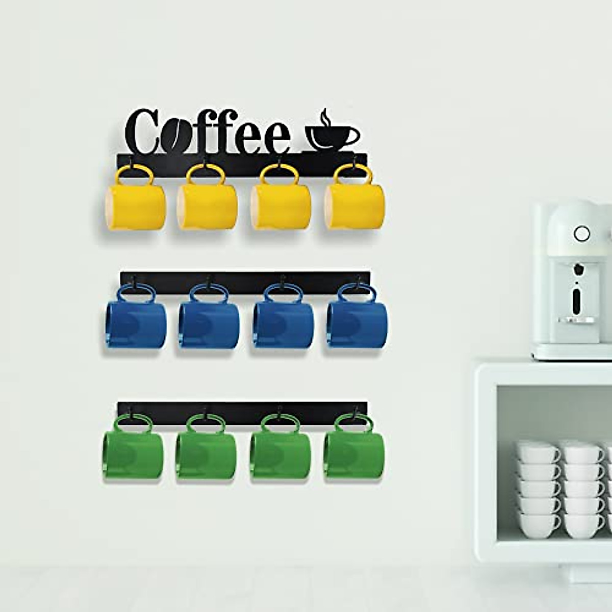 NAISQAQ Coffee Mug Holder Wall Mount with 12 Hooks, 3 Packs Metal Coffee Mug Rack with Coffee and Tea Sign, Tea Cup Hanger for Bar Kitchen Organizer Display, Coffee Corner Nook Decor, Black