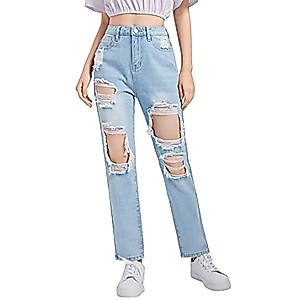 SweatyRocks Teen Girl's High Waisted Straight Leg Ripped Jeans Washed Denim Pants with Pockets Light Wash 12-13Y