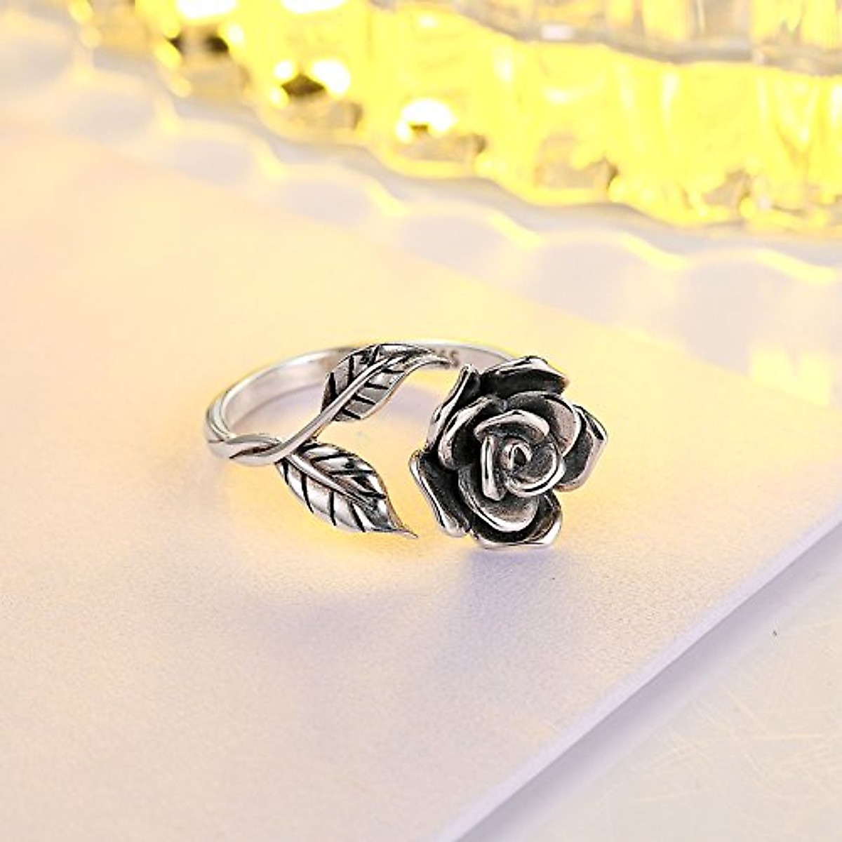 Alphm S925 Sterling Silver Rose Flower Ring Adjustable Wrap Open Jewelry for Women Friend Mom Bride Girlfriend Sisters Teen