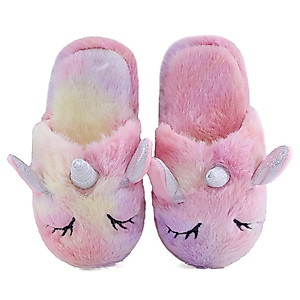 KAKU NANU Kids Slippers Fluffy Slippers Warm Rainbow Slippers Memory Foam Home Slides for Girls Boys(8.5-9.5 little kid)