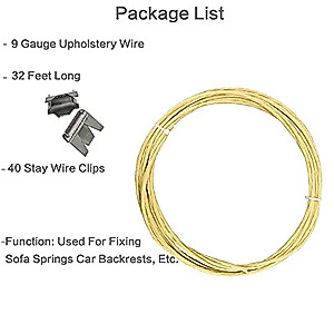 YLM1991 Upholstery Stay Wire for Sofa Furniture Springs, 9 Gauge with 40 Clips (10M/32ft)