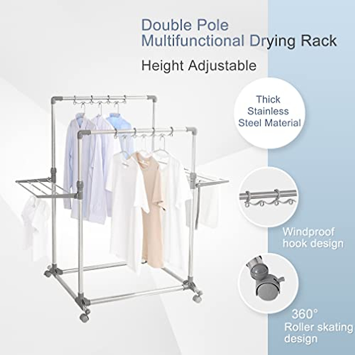 Hershii Rolling Garment Racks for Hanging Clothes Heavy Duty Clothing Drying Rack Double Rails Laundry Hanger Storage Organizer with Foldable Shelves & Windproof Hooks - Height Adjustable