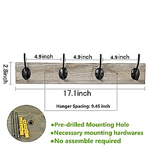 Sageme Wall Mounted Coat Rack, Wooden Entryway Vintage Rustic Coat Rack Hat Hanger Rack Zinc die-cast 4-Hook Rail for The Entryway, Bathroom, Bedroom, Kitchen, Mudroom Pinewood Alloy 4-Hook