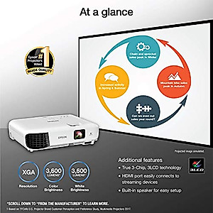 Epson EX3280 3-Chip 3LCD XGA Projector, 3,600 Lumens Color Brightness, 3,600 Lumens White Brightness, HDMI, Built-in Speaker, 15,000:1 Contrast Ratio ()