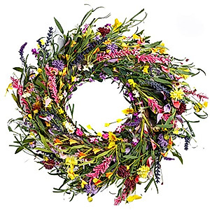 Sggvecsy Daisy and Lavender Wreath 22’’ Wildflower Spring Summer Artificial Silk Wreath for Front Door Home Wall Wedding Festival Farmhouse Holiday Decor