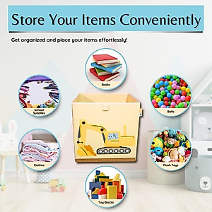 Product 4 Kids - Washable Toy Box Storage Cube, Canvas Toy Chest Organizer Foldable Kids Toy Storage Organizers for Child's Bedroom or Playroom-13x13x13 Inch (Excavator1)