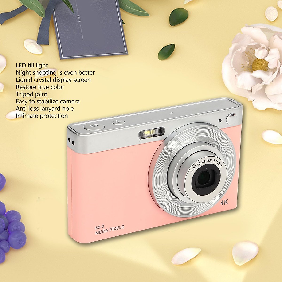 4K Digital Camera, Full HD 50MP 16X Digital Zoom Compact Point and Shoot Camera, Lightweight Small Vlogging Video Camera with Built in Flash & Filters, for Beginners Kids Teens